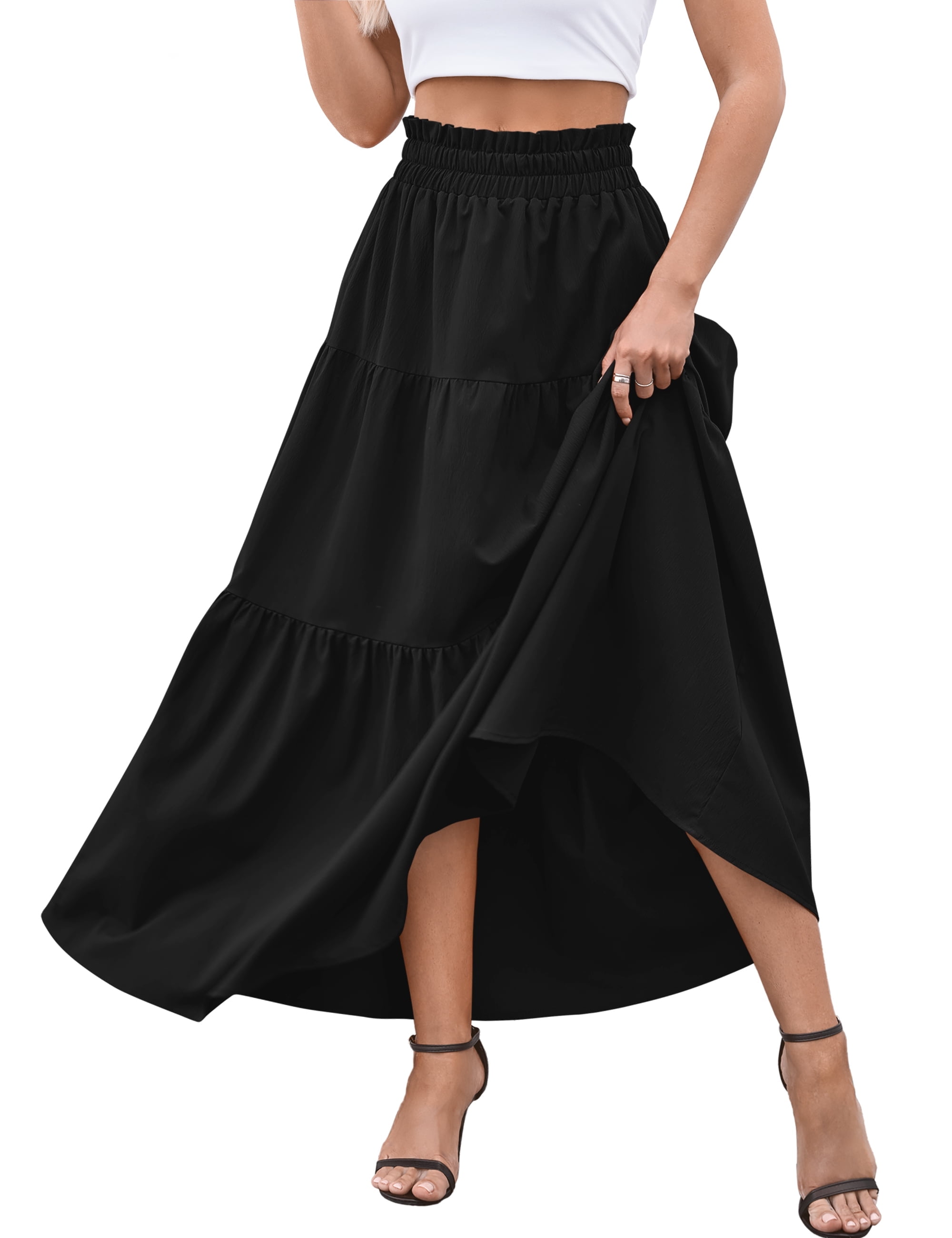 a.Jesdani Womens Maxi Skirts Casual Elastic High Waist Swing Tiered ...