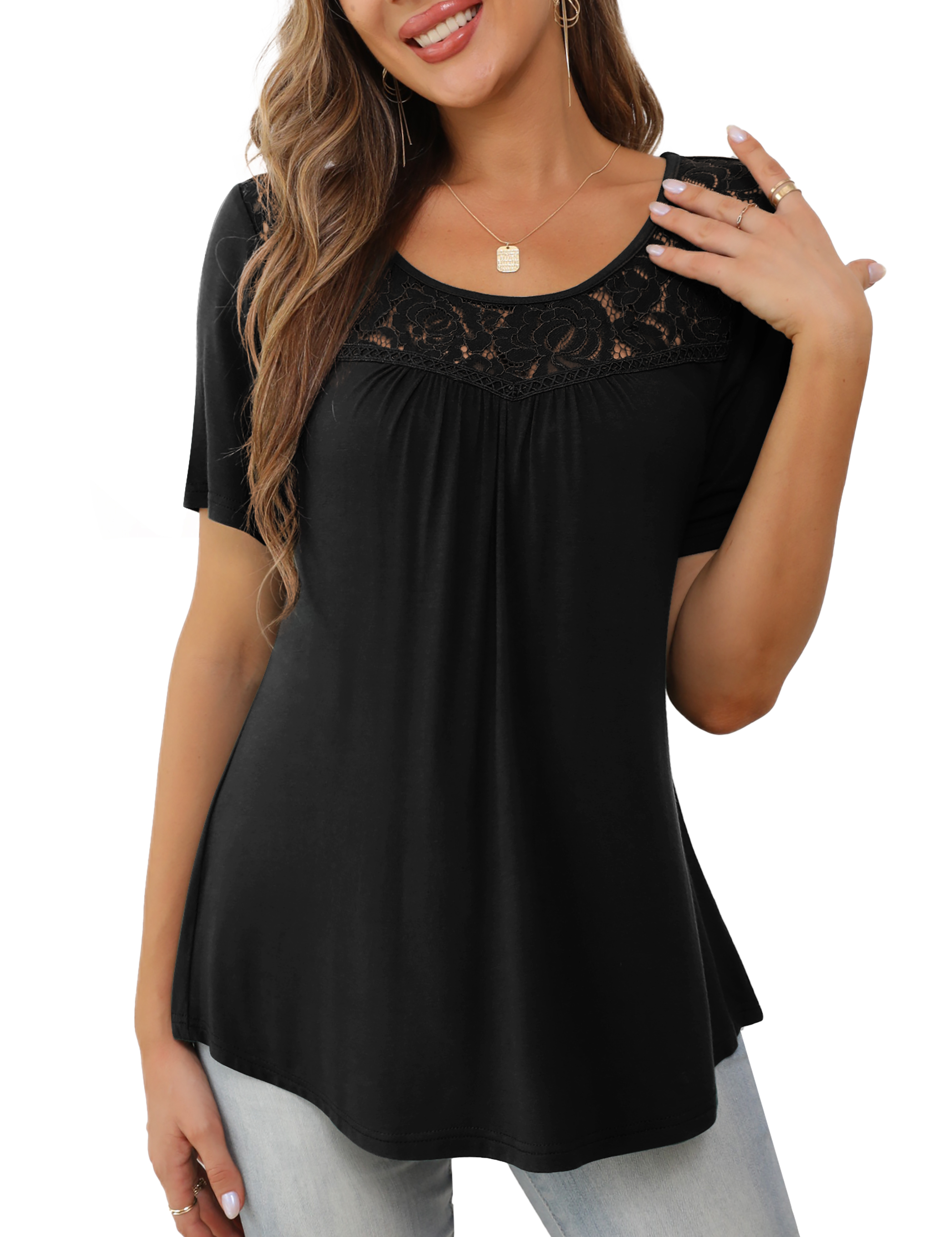 Traleubie Womens Plus Size Short Sleeve Shirts Lace Pleated Tunic Tops