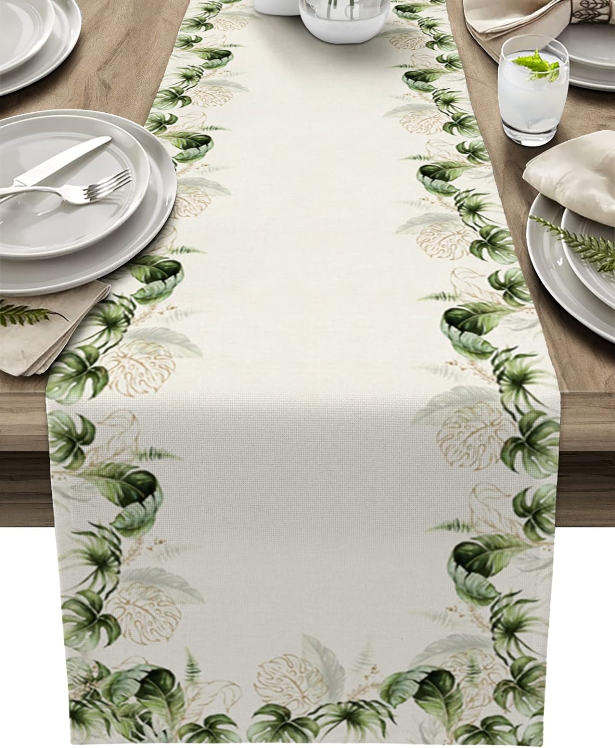 a Leaves Palm Tropical Print Linen Table Runners Vintage Watercolor ...