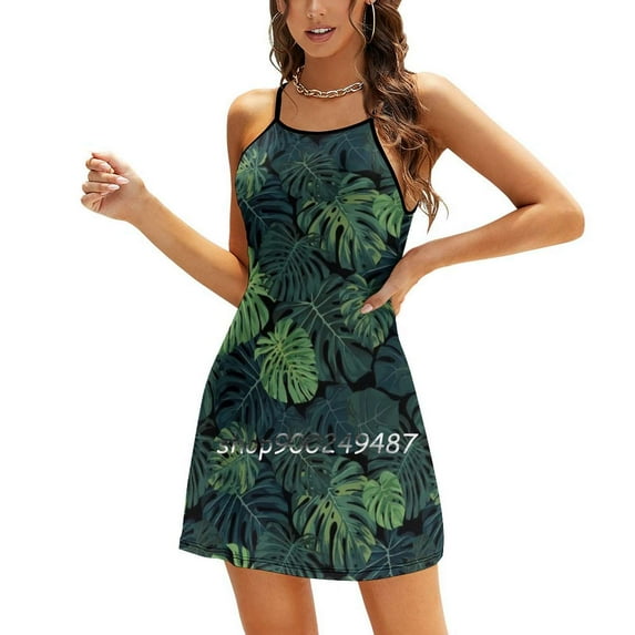 a Leaves Square Neck Dress Sweet Summer Dress Women Elegant Halter ...