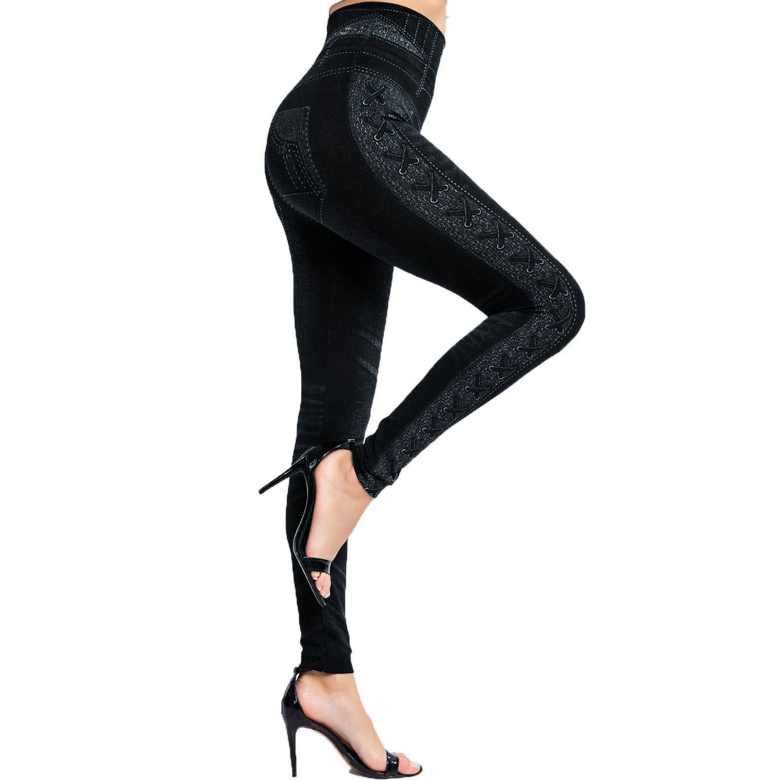 Adjfdgt See Through Leggings For Women Sexy Women Elastic Jeans Leggings Thermal Stripe Print