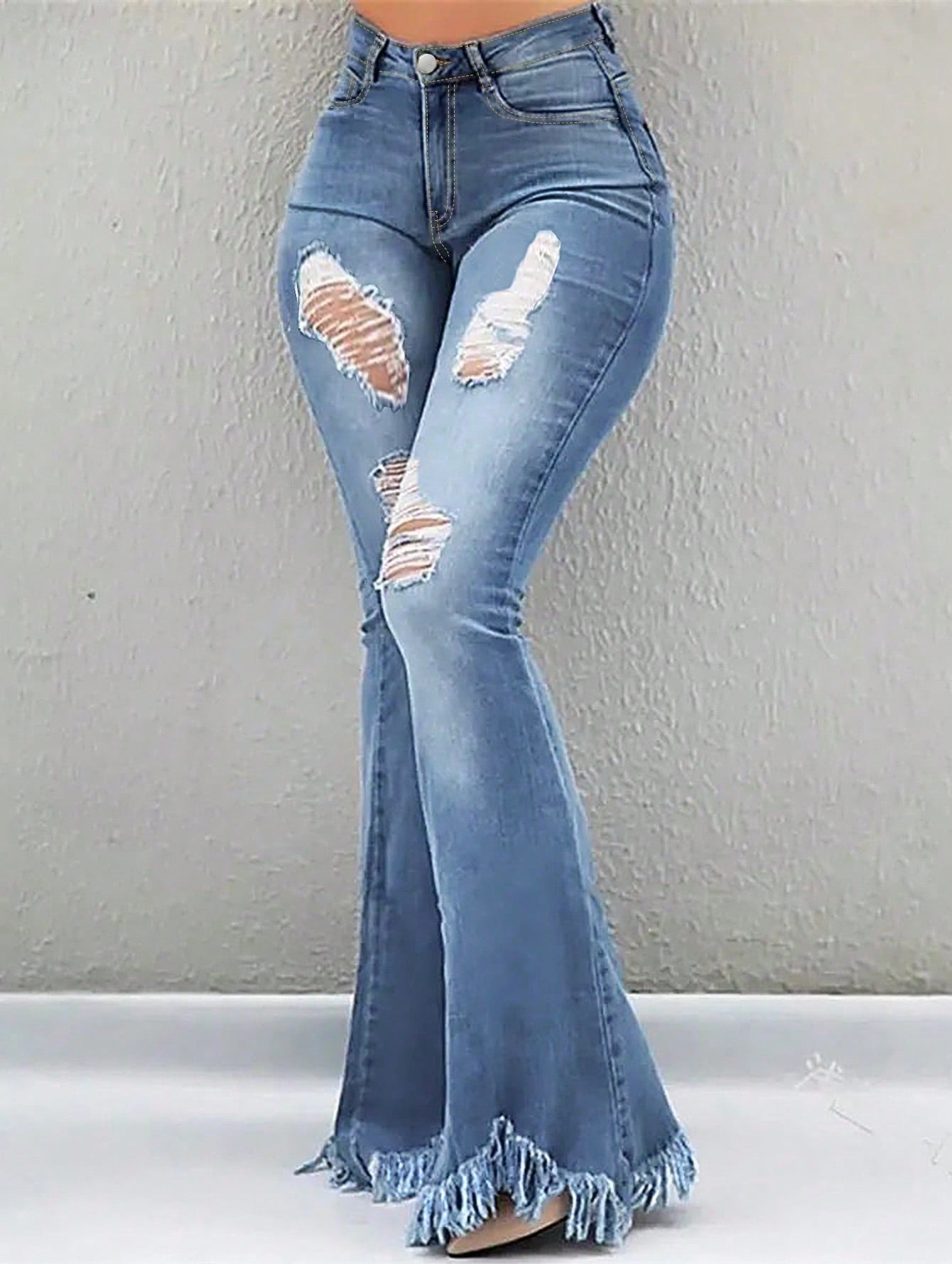 aPAY Jeans for Women Long Denim High Waisted Flare Pants Ripped Holes ...