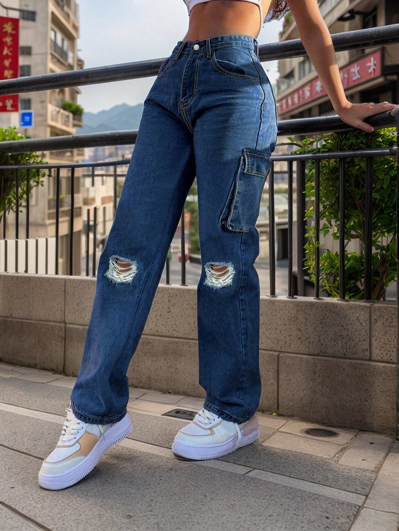 aPAY WomenS Jeans Long Denim Cargo Pants Pants Y2k Vintage Holes And Multiple Pockets Regular ...