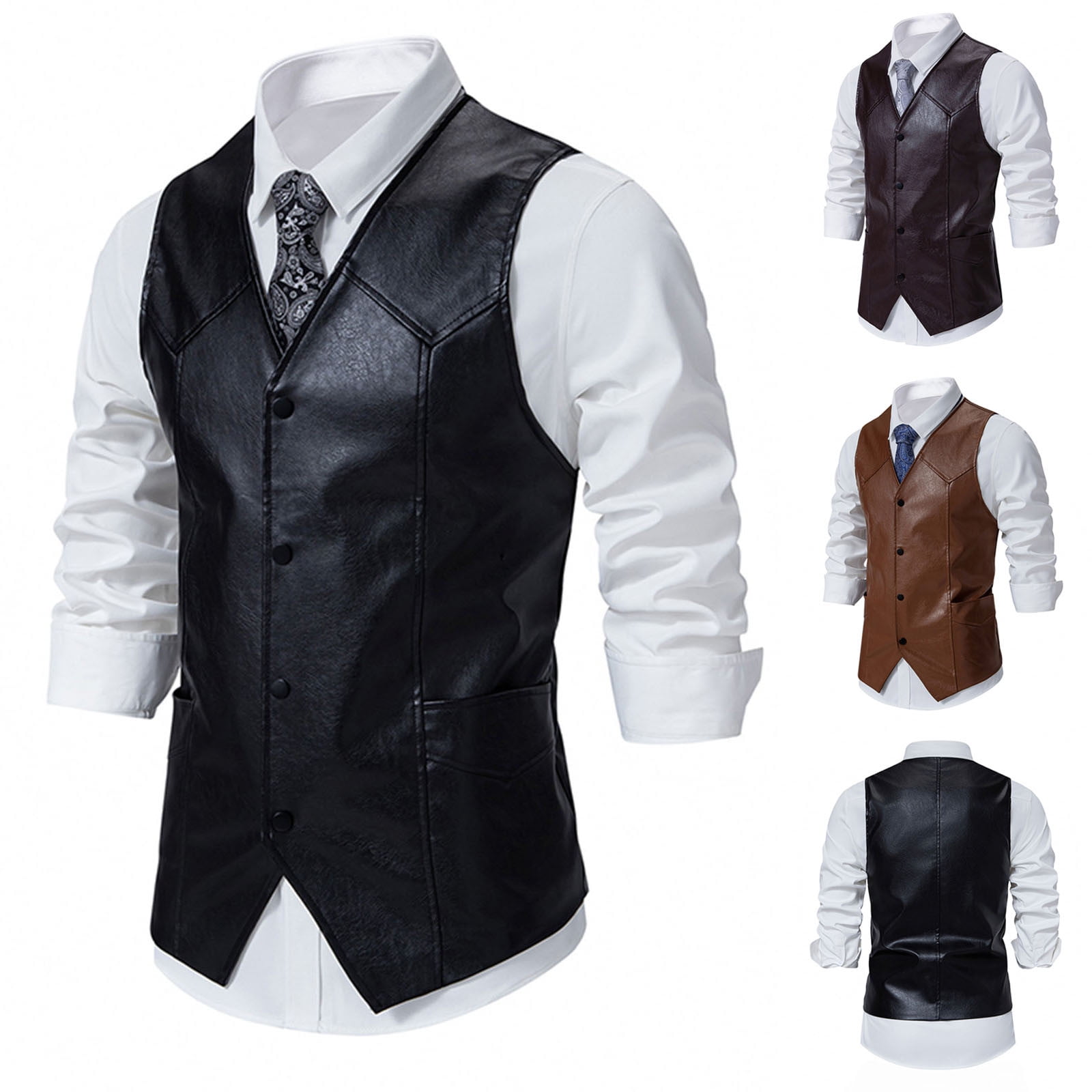 OGLCCG Men's Leather Vest Casual Western Vest Jacket Lightweight V-Neck ...