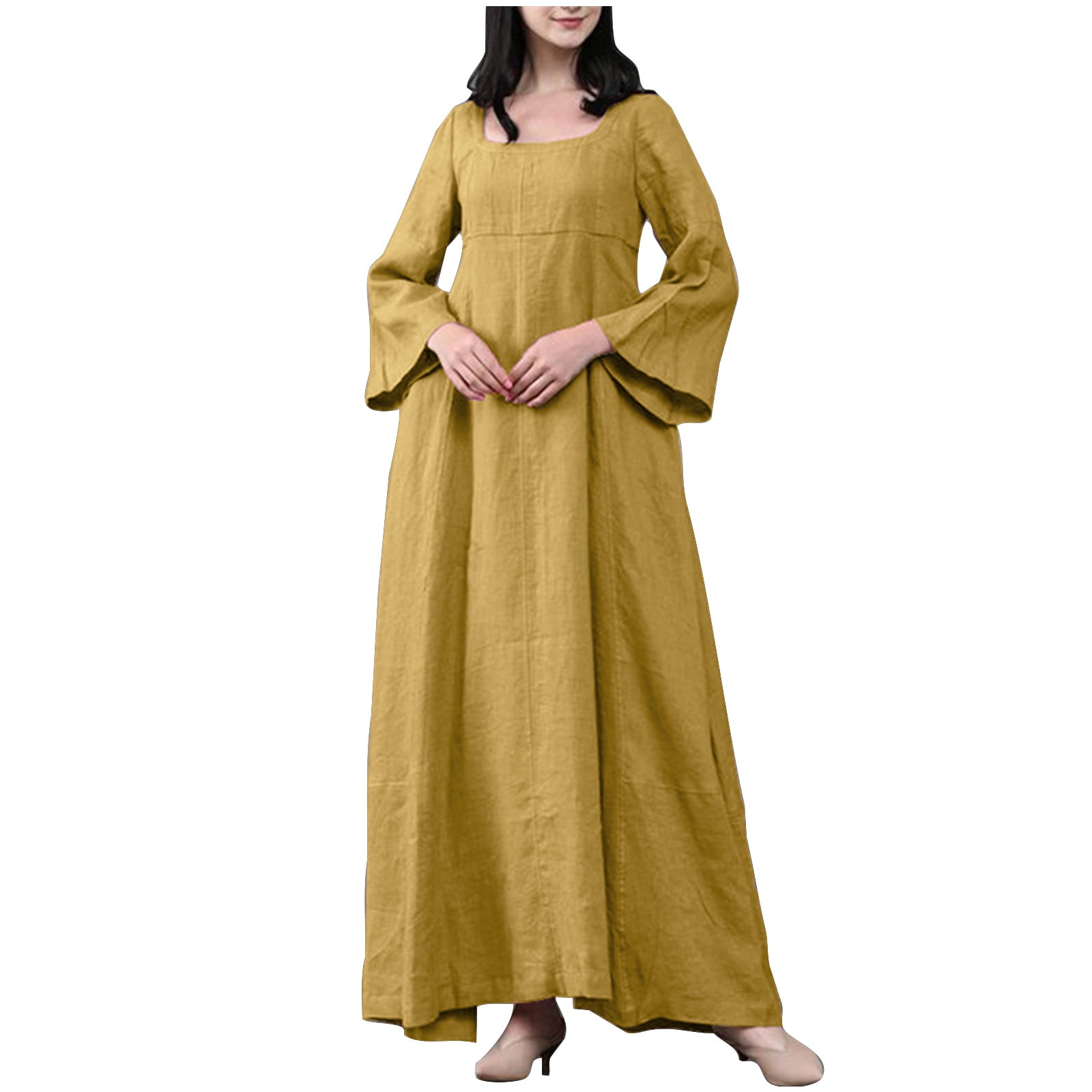 OGLCCG Muslim Linen Dresses for Women, One-Piece Long Sleeve Islamic ...