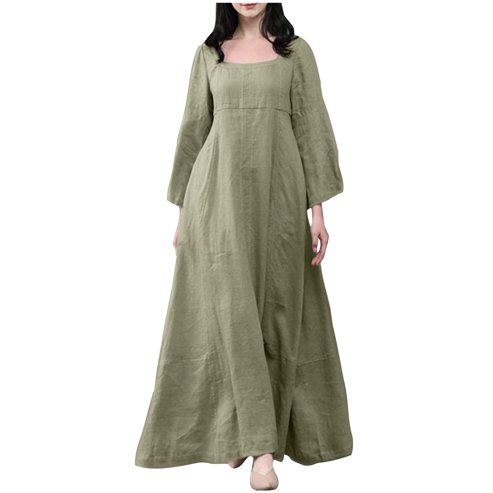 OGLCCG Muslim Linen Dresses for Women, One-Piece Long Sleeve Islamic ...