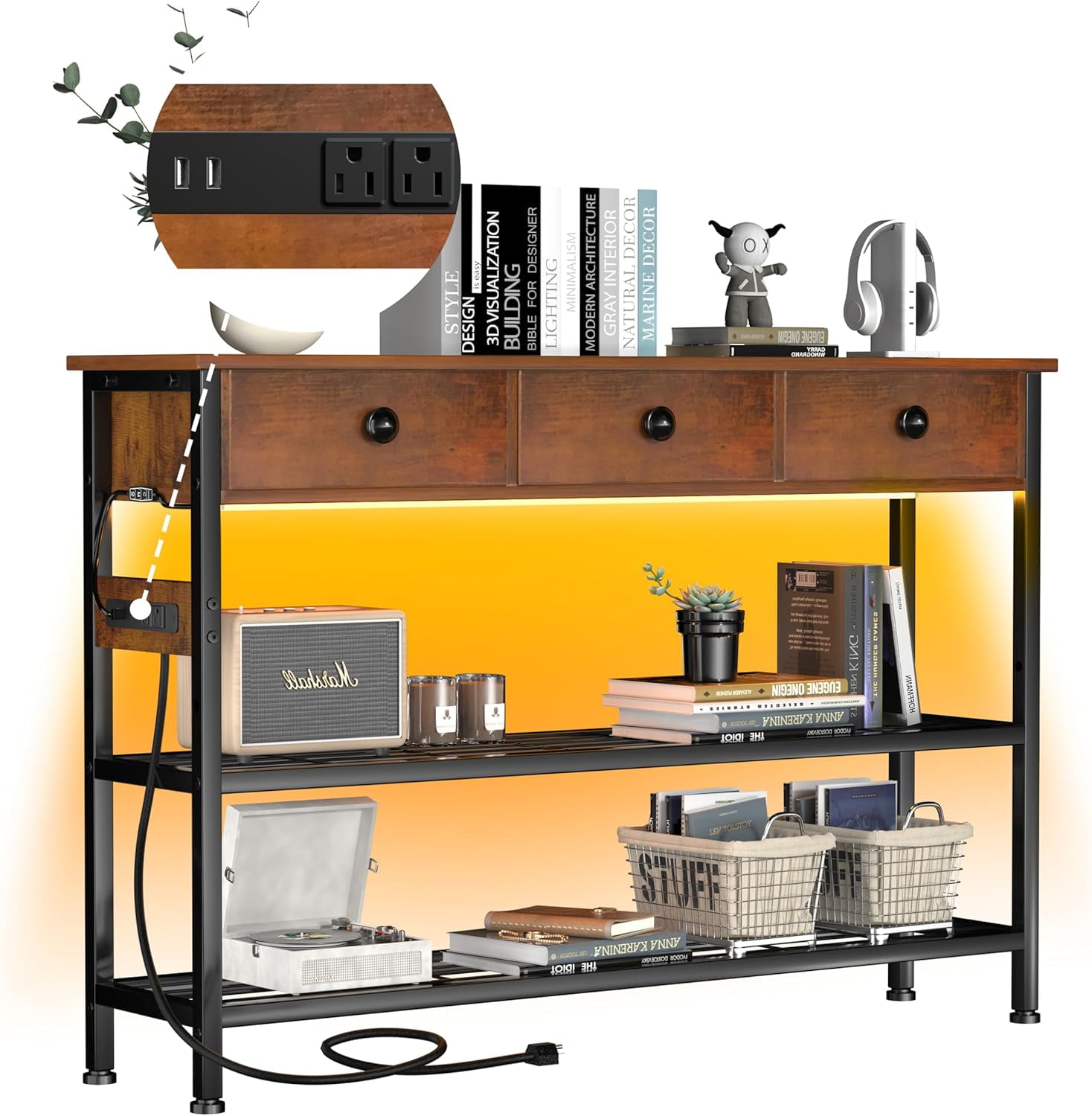able with Outlets: Console Table with Storage Shelves, USB Ports, LED ...