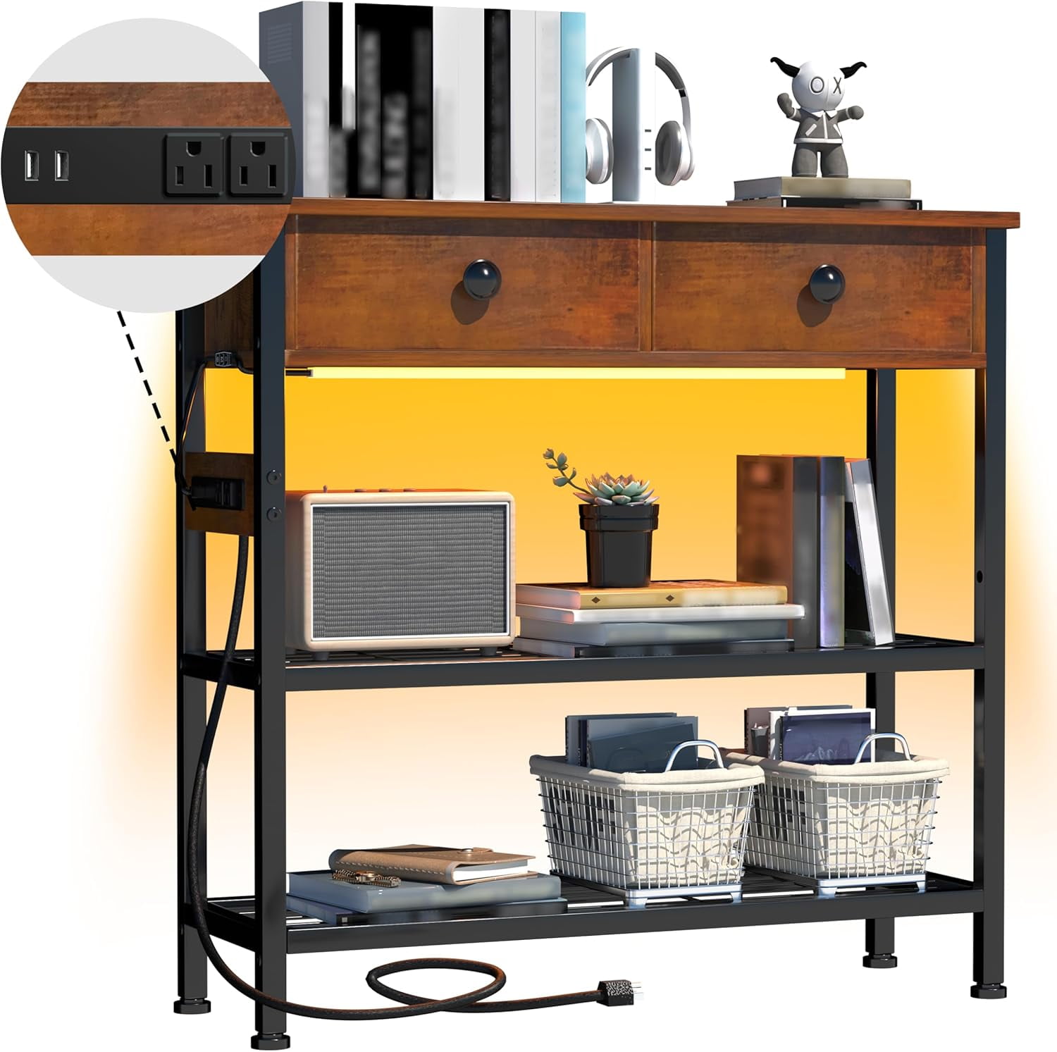 able with Outlets: Console Table with Storage Shelves, USB Ports, LED ...