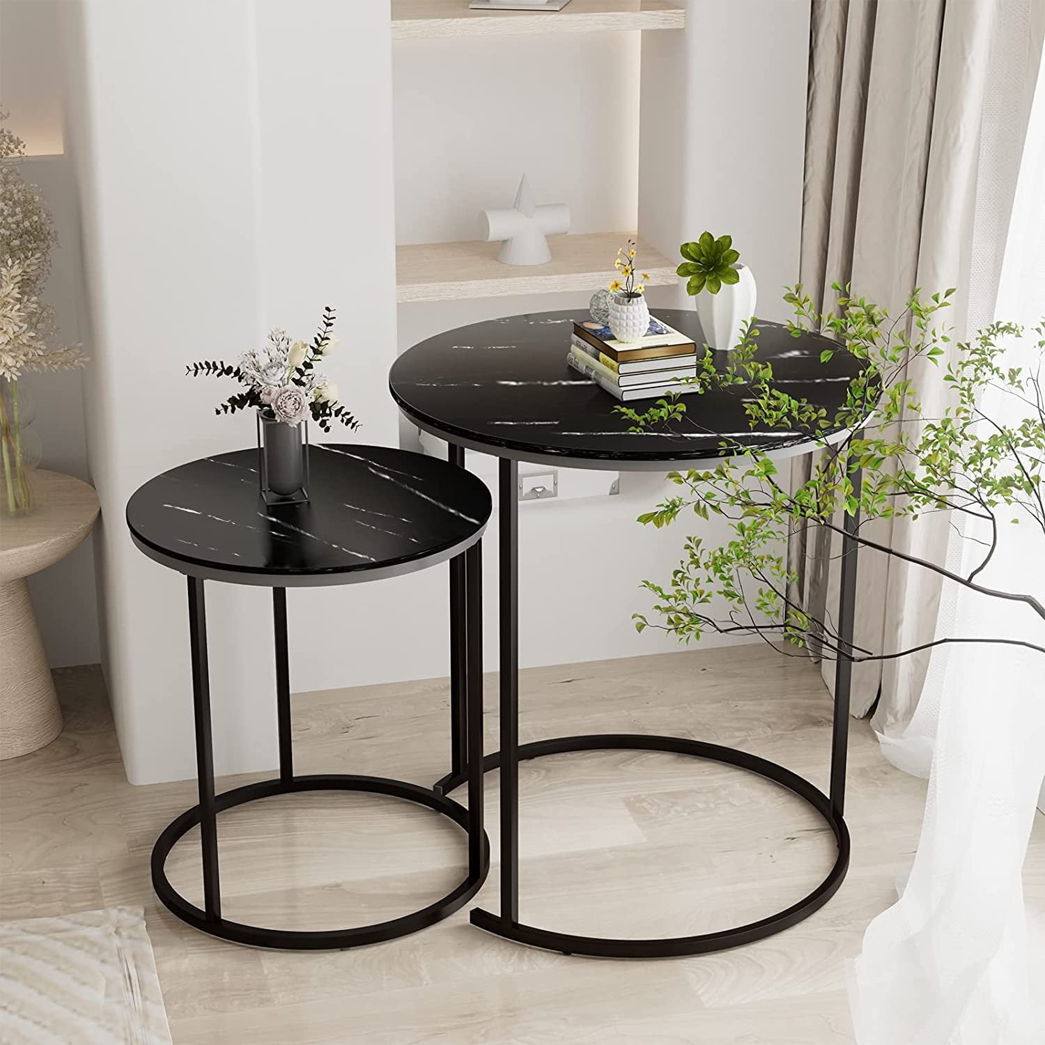 aboxoo Black Marble Nesting Coffee Table for Small Place 24 in 2 Sets ...