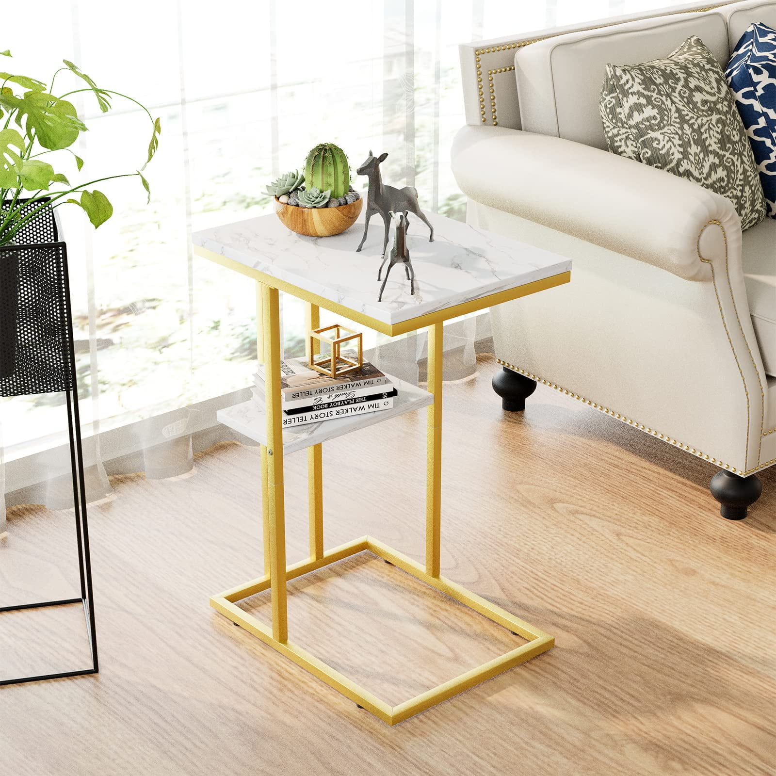 aboxoo White C-Shaped End Table with Gold Frame, Sofa & Bedside Snack ...