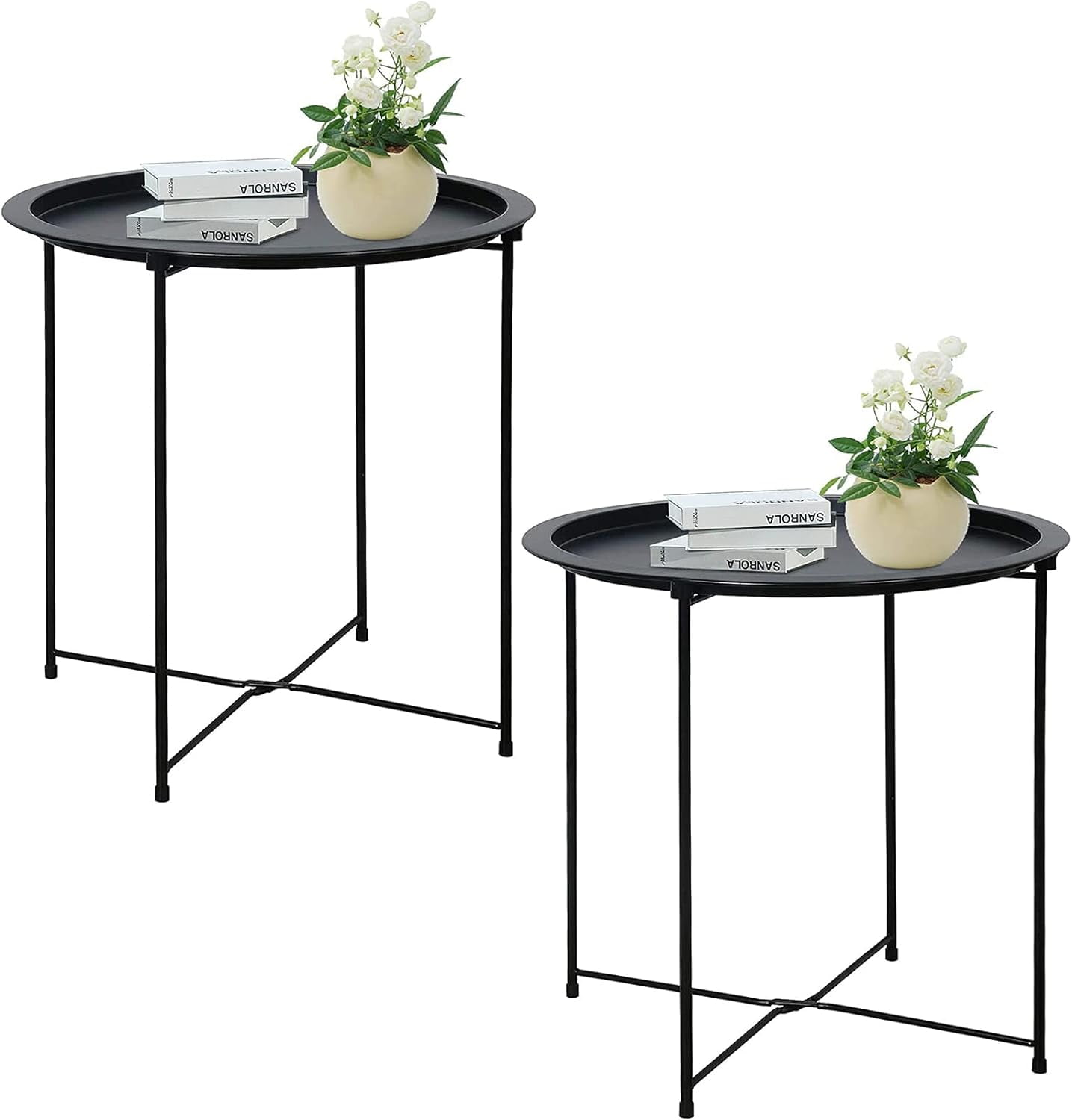 Aboxoo Folding Metal Side Table 18.1x19.5 inch Small Round End Table, Black, Portable, Indoor ...
