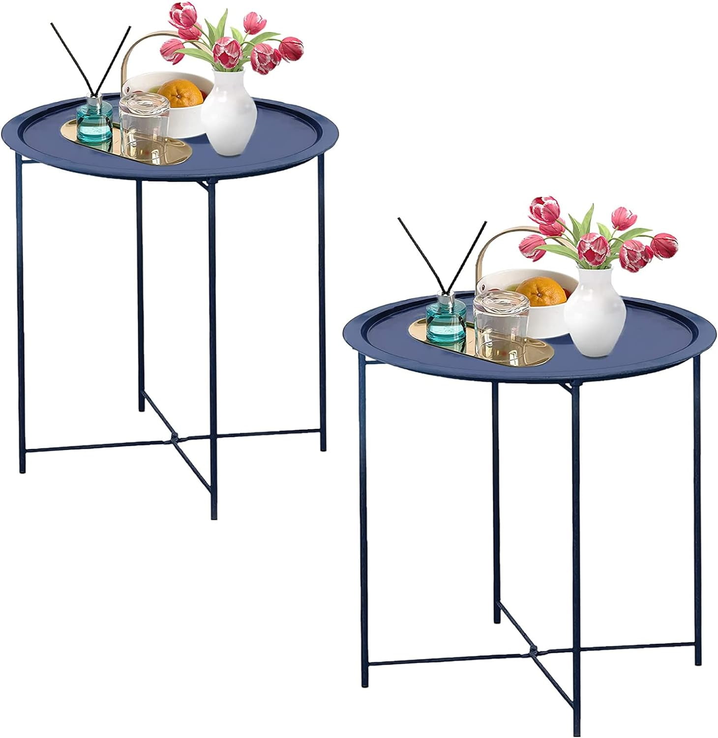 Aboxoo 2PC Blue Folding Tray Metal Side Table, Round End & Sofa Table ...
