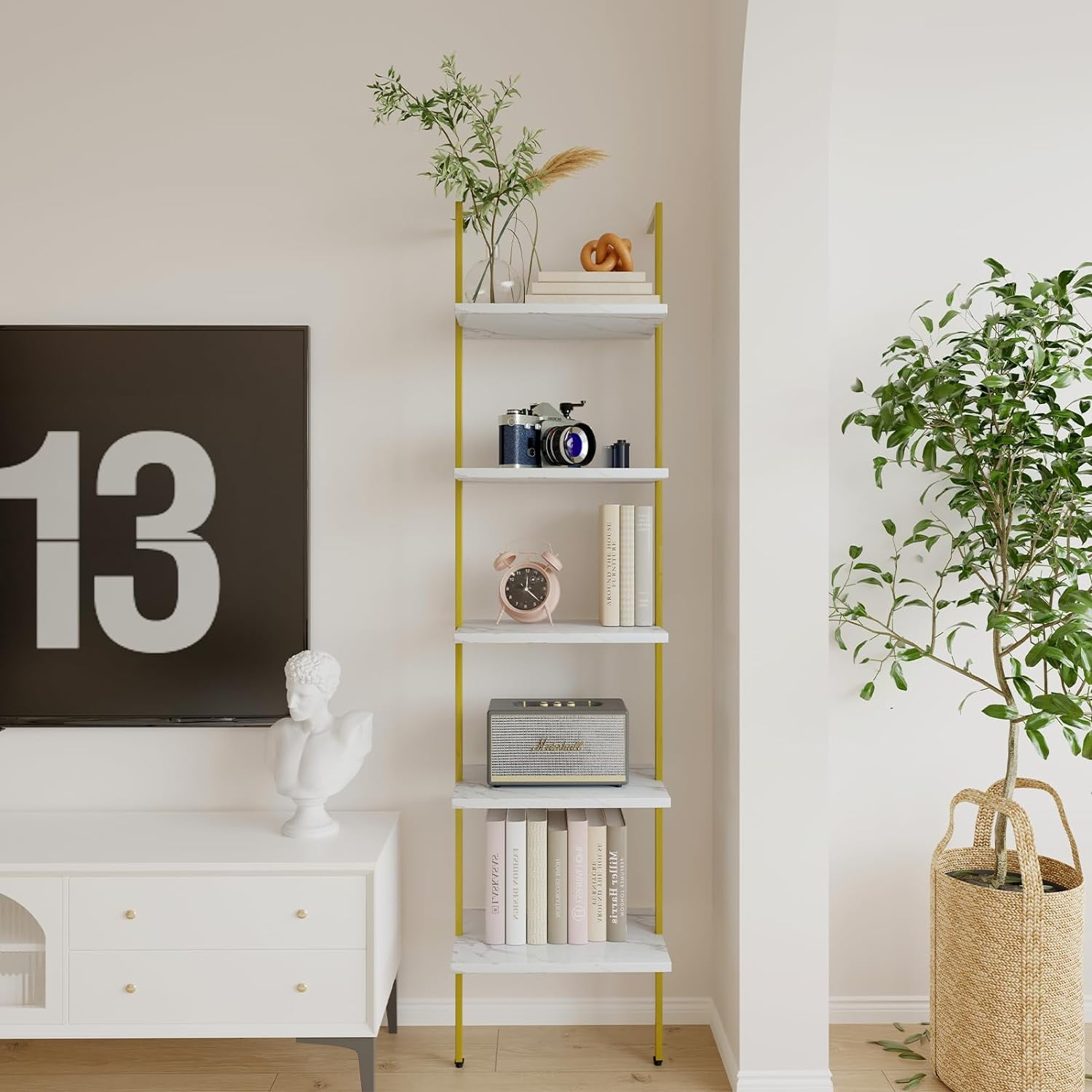 aboxoo Ladder Shelf 5 Tiers Metal Industrial Bookshelf,White Faux ...