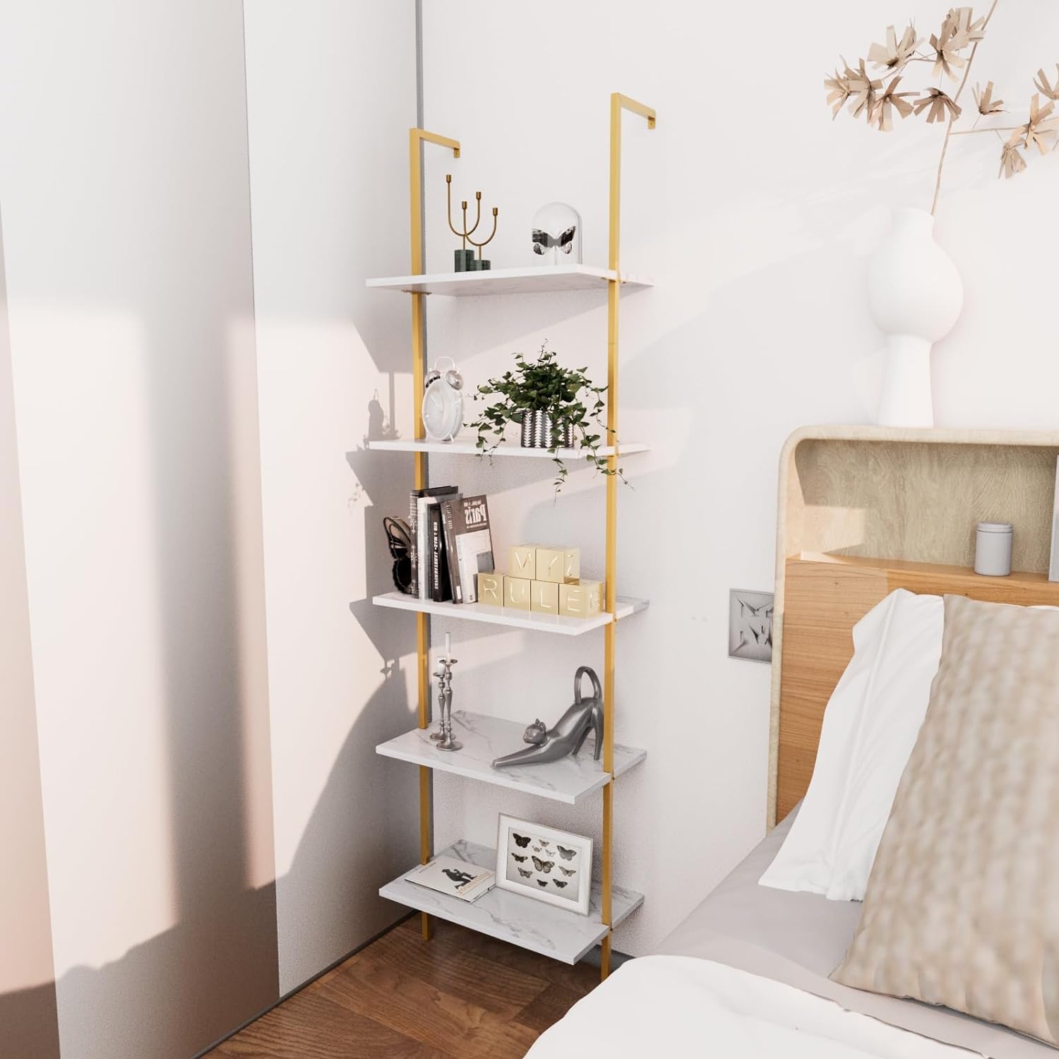 aboxoo Ladder Shelf 5 Tiers Metal Industrial Bookshelf,White Faux ...