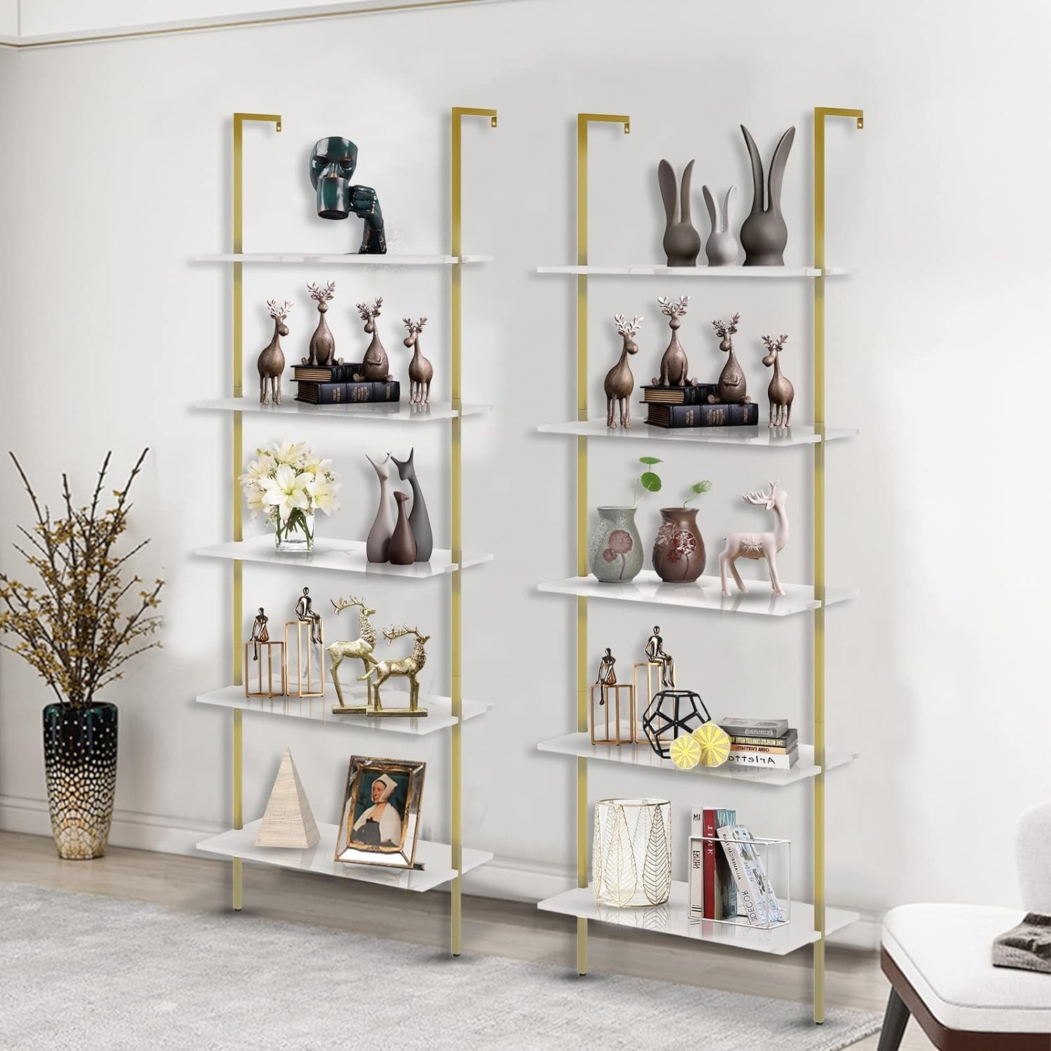 aboxoo Ladder Shelf White Marble Bookshelf 5-Tier Wall-Mounted Wood ...