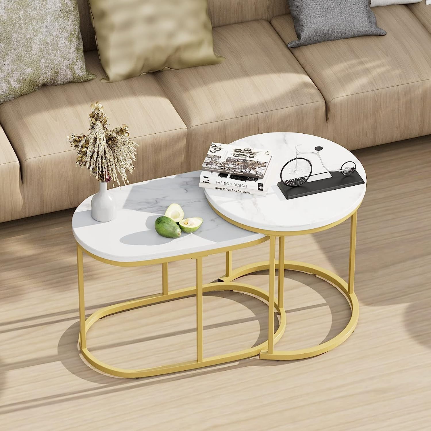 aboxoo Nesting Coffee Table Set of 2 Modern Round White Marble Wood Table,Side Table Gold Metal ...