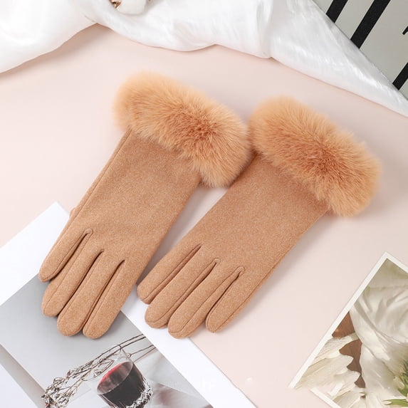 absanyy Fluffy Cuff Women's Orange Cold Weather Gloves - Suede Texture ...