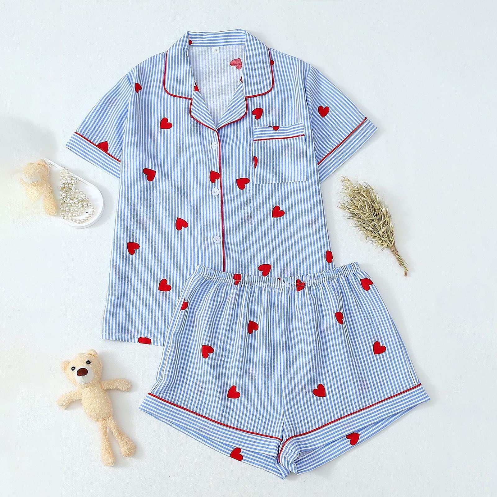 absanyy Womens Blue White Striped Red Heart Pajama Set - Breathable ...