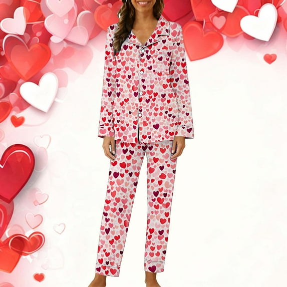 absanyy Womens Hot Pink Heart Print Pajama Set - Button Down Long ...