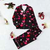 absanyy Womens Hot Pink Heart Print Pajama Set - Long Sleeve Button ...