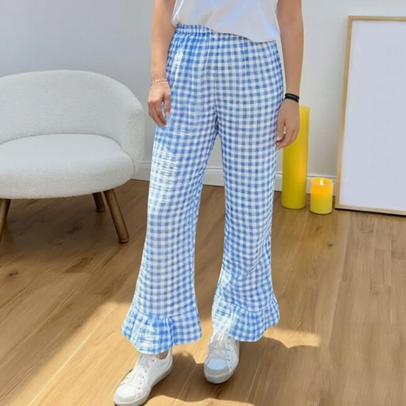 absanyy Womens Light Blue Gingham Wide Leg Pants - High Waist Elastic ...
