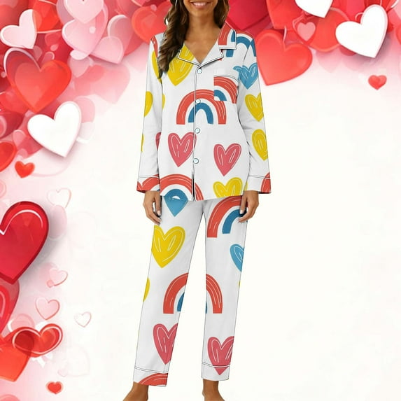 absanyy Womens Pink Long Sleeve Pajama Set - Cute Girly Rainbow Heart ...