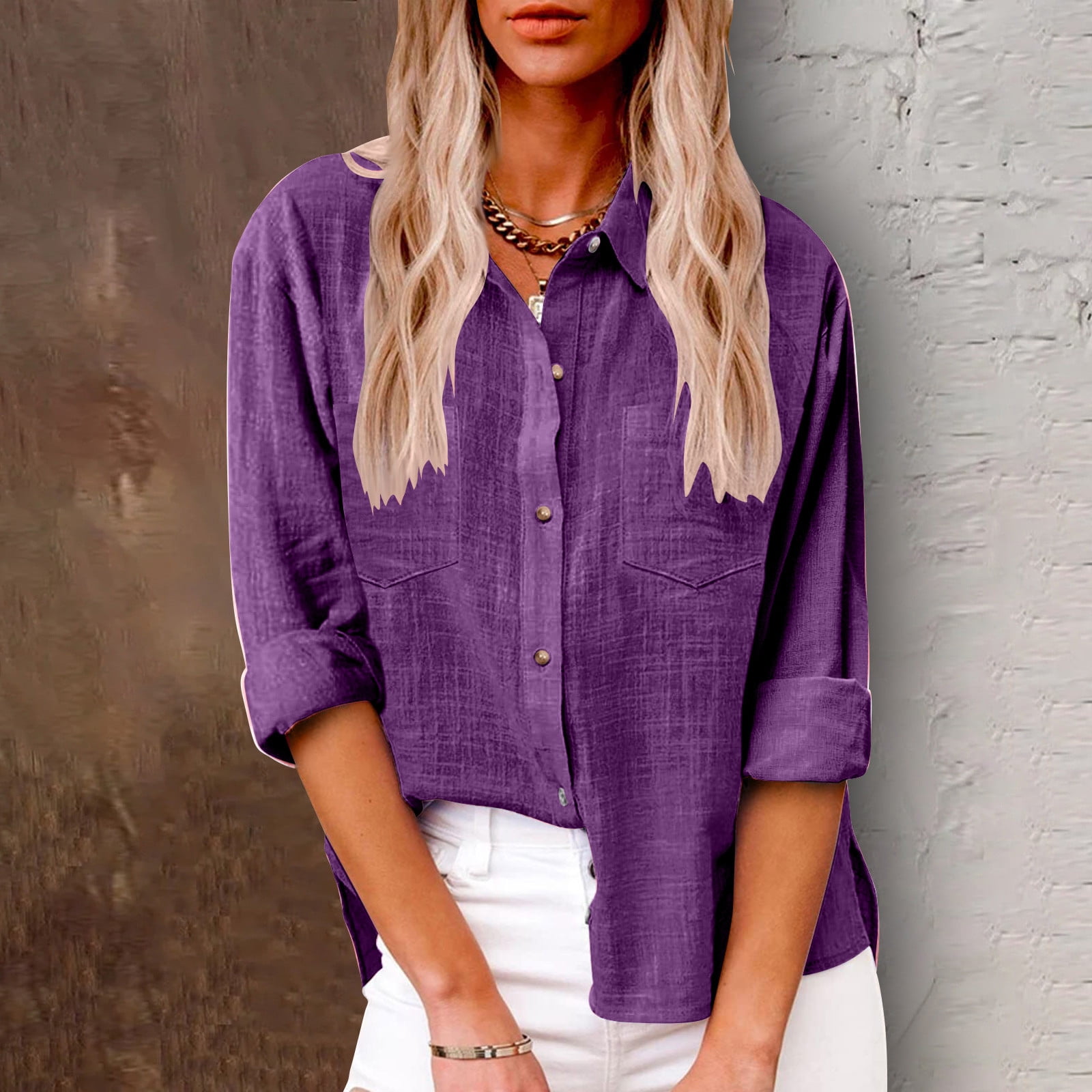 absuyy Collar Shirt for Woman Long Sleeve Cotton Linen Lapel Tunic Tops with Pockets Purple ...