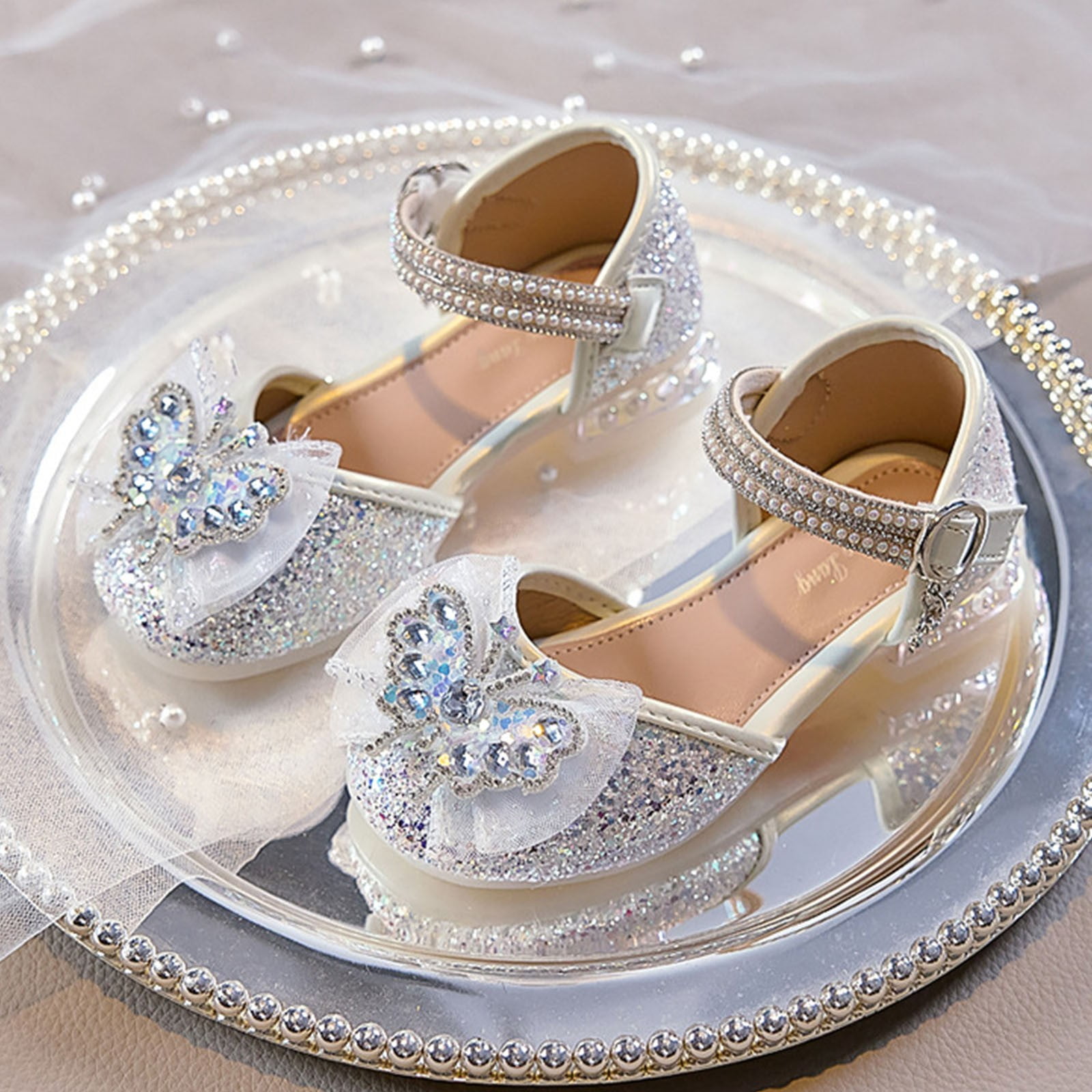absuyy Girls Sparkly Shoes Mary Jane Glitter Flats White Closed Toe Low ...