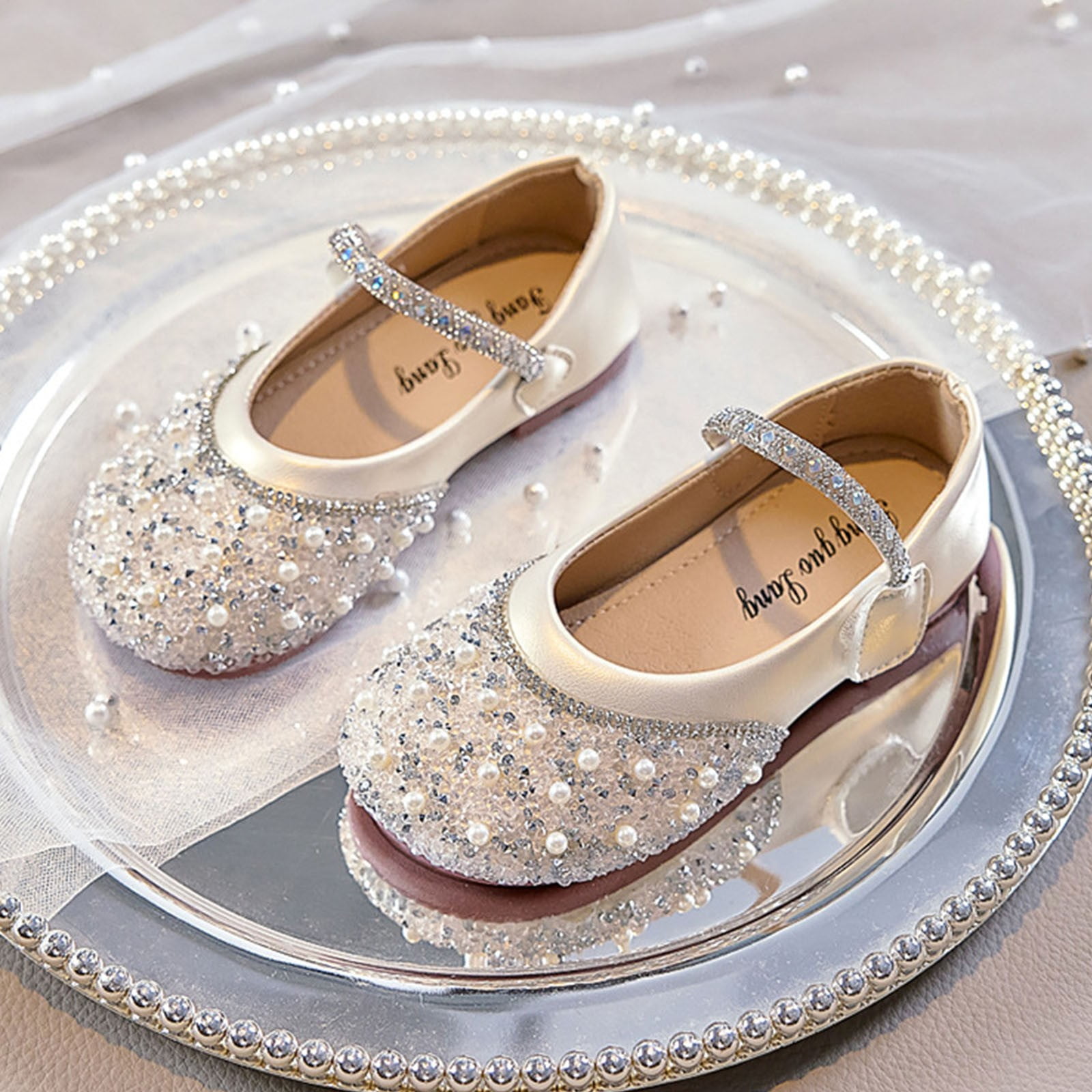 absuyy Girls White Dress Shoes Sparkle Mary Jane | Rhinestone Pearl ...