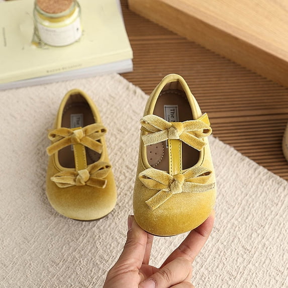 absuyy Girls Yellow Mary Jane Flats | Velvet with Bow & Adjustable ...