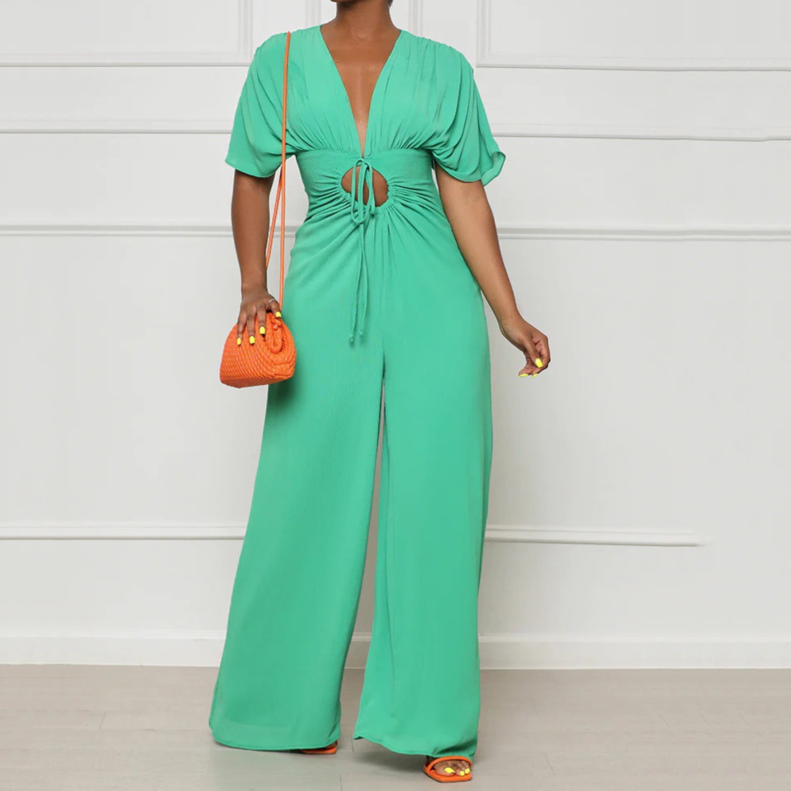 Absuyy Jumpsuits For Women Casual V Neck Summer Wide Leg Hollow Out High Waisted Short Sleeve