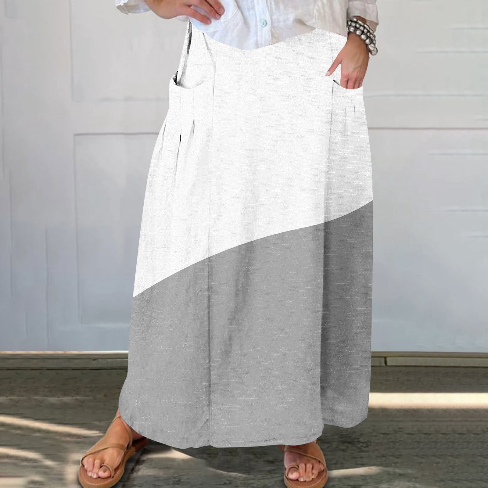 absuyy Long Skirts for Women Printed Elastic Waistband Pleated with ...