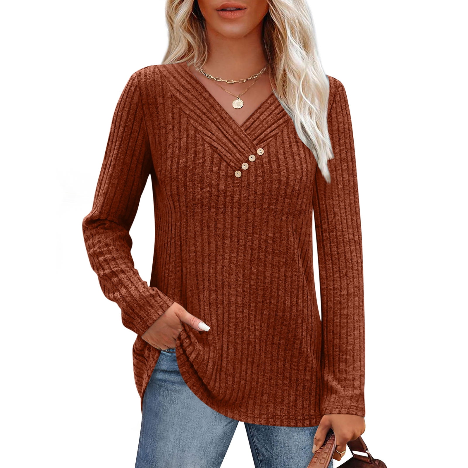 absuyy Long Sleeve Knit Tops for Women Fall Winter V-Neck Casual ...