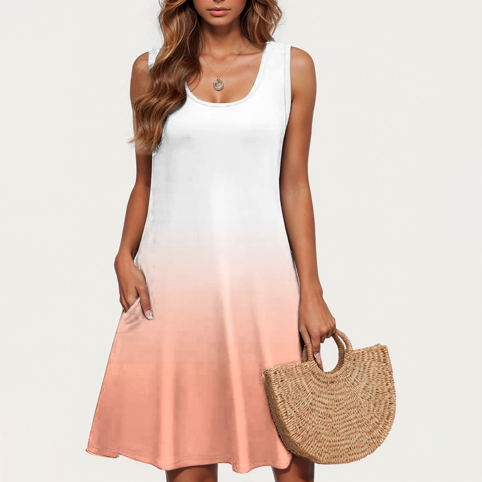 absuyy Sundresses for Women Plus Size Gradient A-Line Crew-neck ...