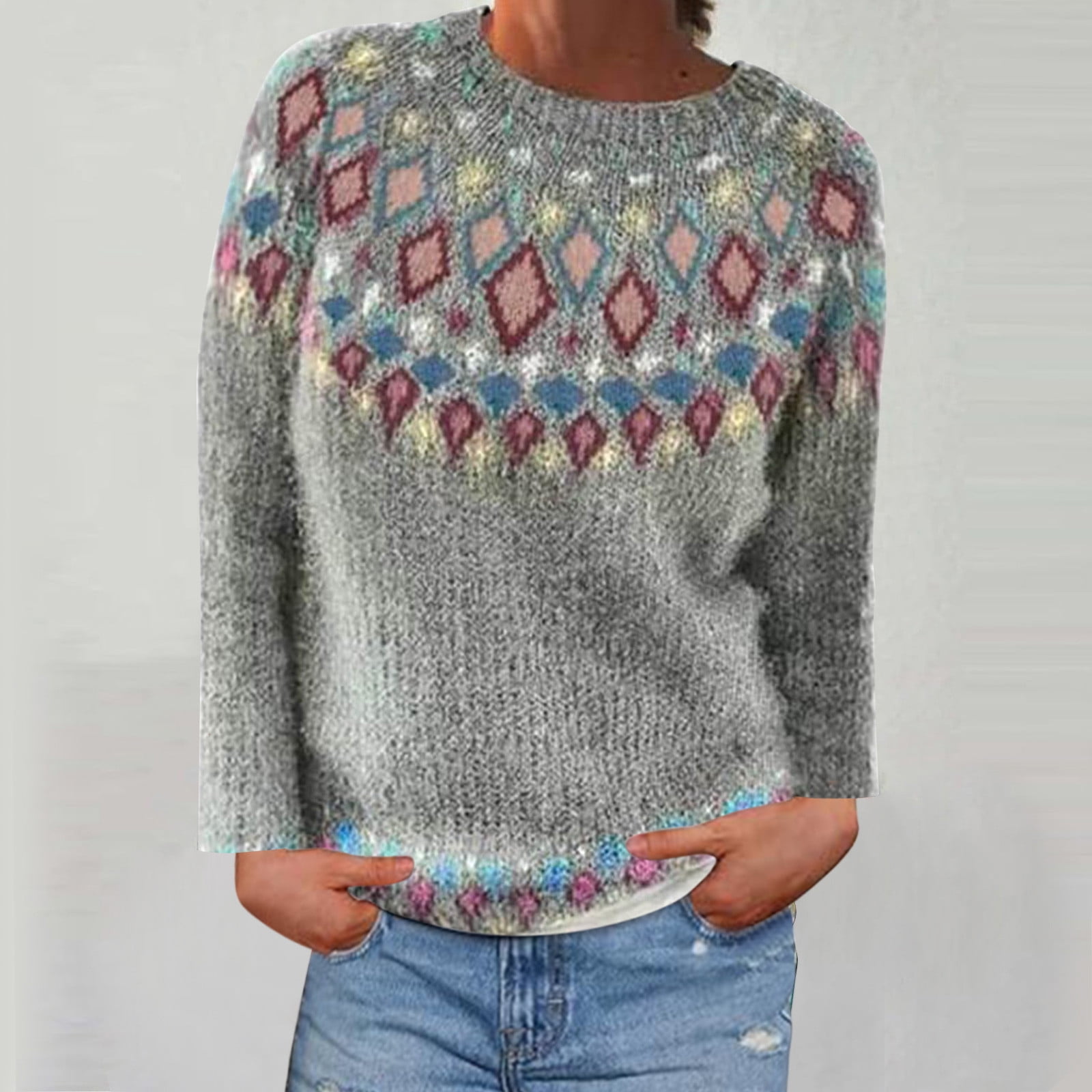 absuyy Sweaters for Women Round Neck Knitted Long Sleeve Casual Printed ...