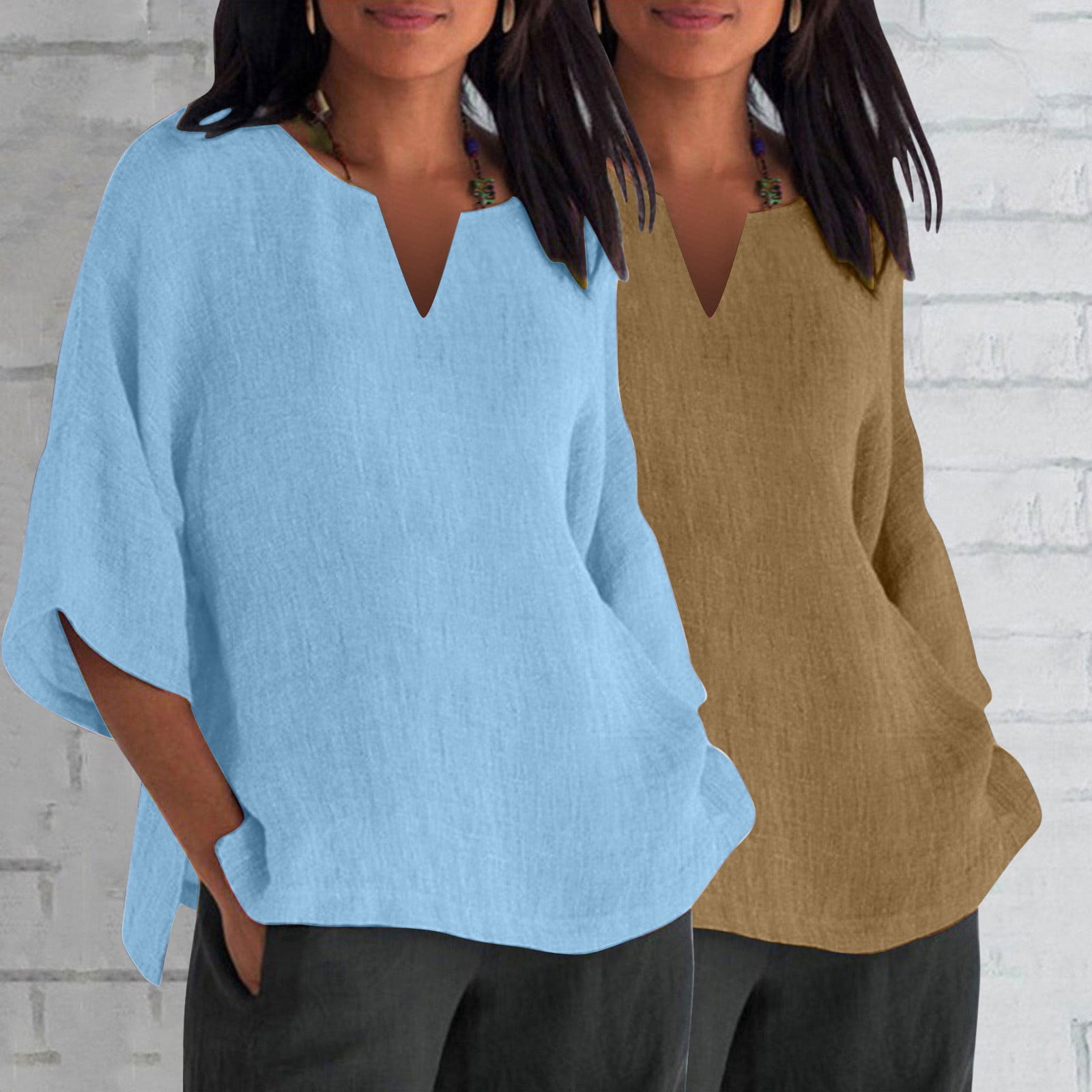 absuyy T Shirts for Women V Neck Cotton Linen 3/4 Sleeve Spring Summer ...