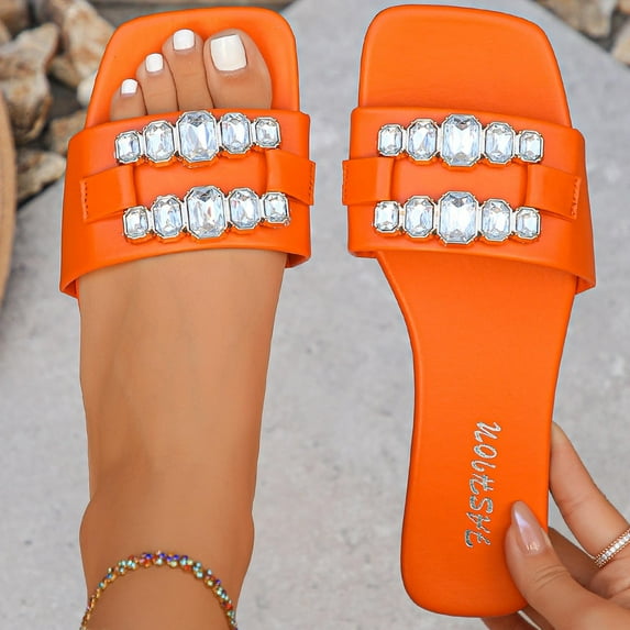 absuyy Womens Casual Slide Sandals with Rhinestone Straps, Square Toe ...