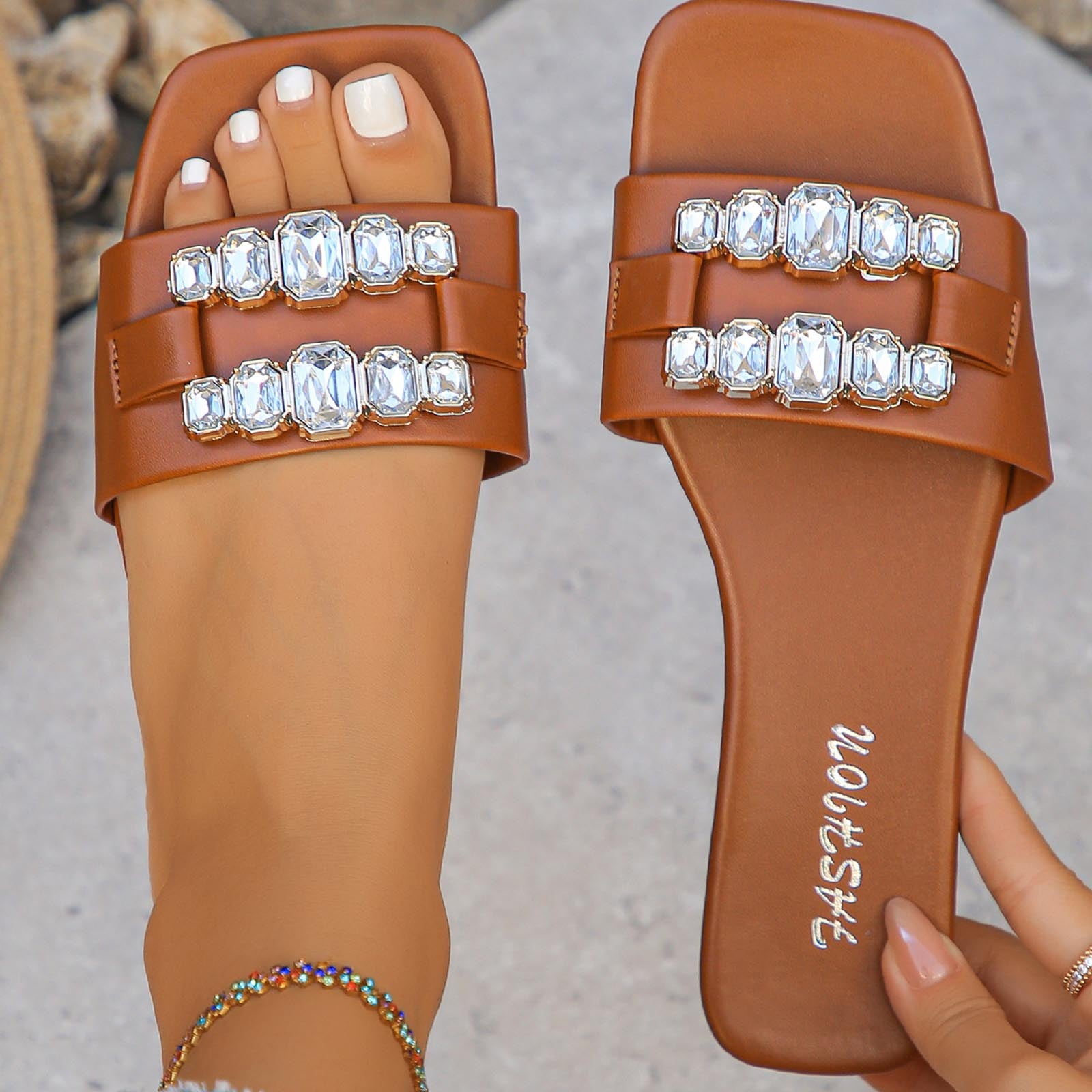 absuyy Womens Flat Slide Sandals Square Toe Casual Sliders Rhinestone ...