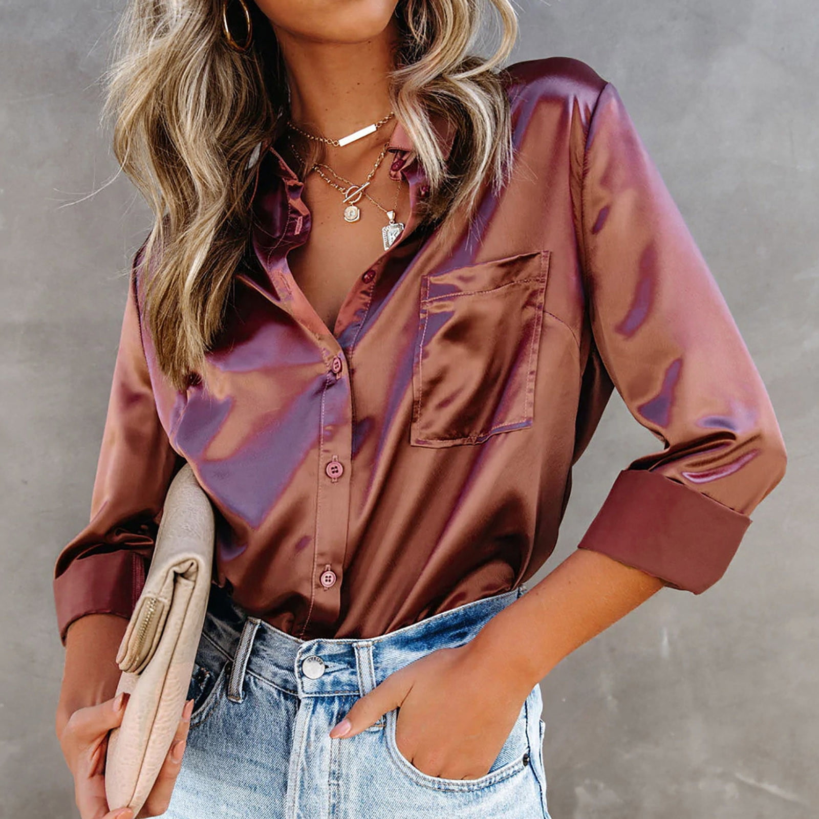 BXJX Womens Shirts Casual Long Sleeve Tops Satin Lapel Loose Button ...