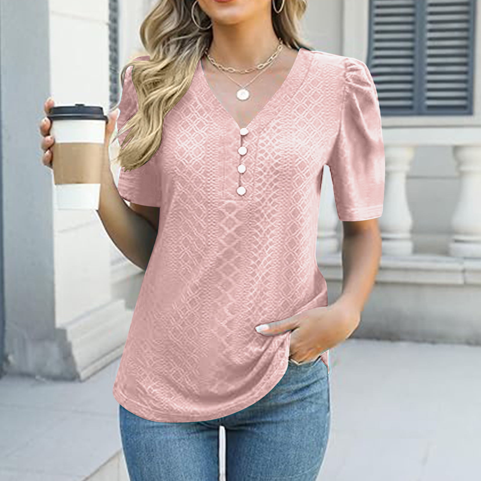 absuyy Womens Tops Clearance Puff Short Sleeve V Neck Loose Button ...