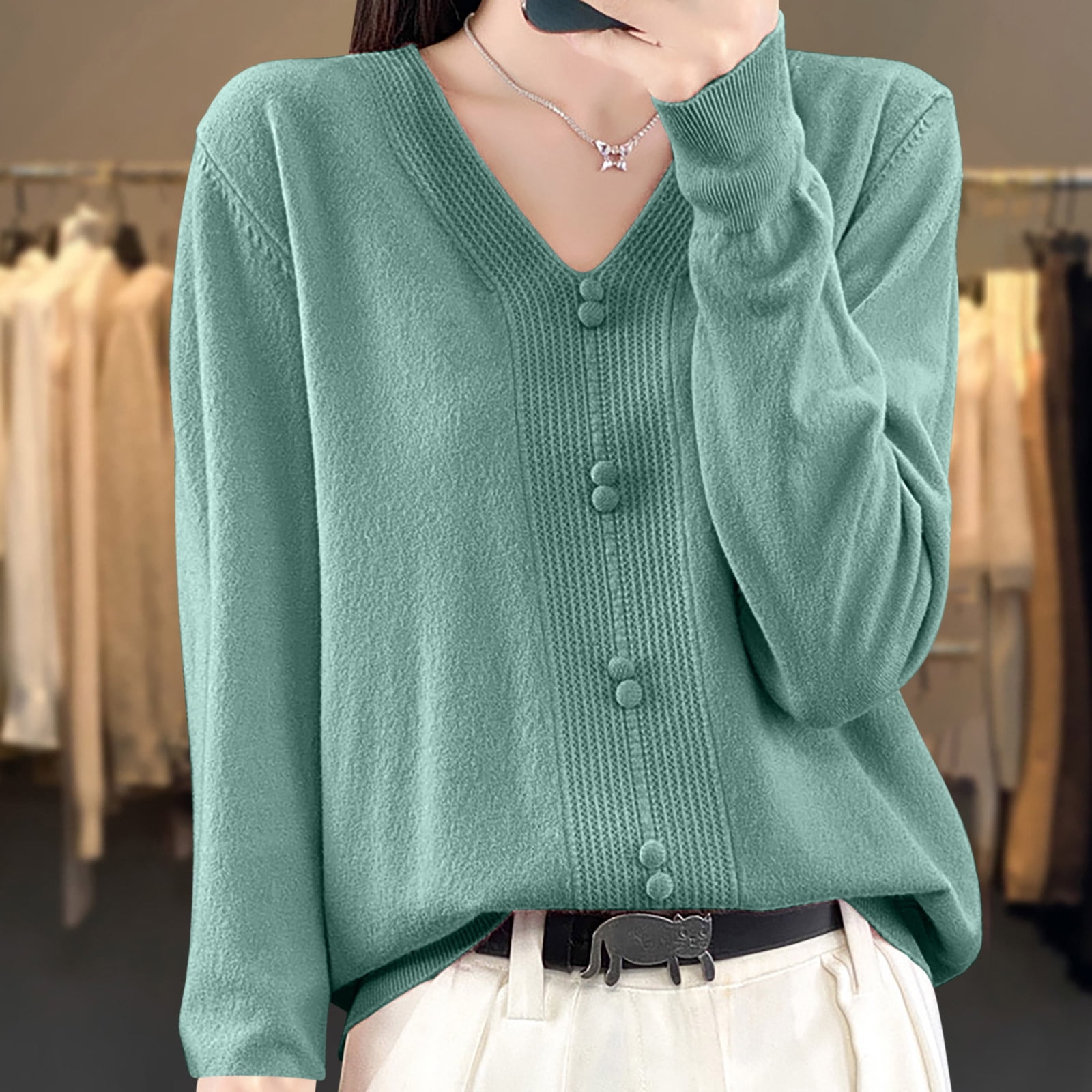 absuyy Womens Tops Sweaters Casual Solid Color Knitted Long Sleeve ...