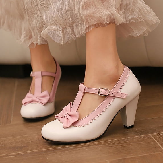 absuyy Womens White & Pink Mary Jane Pumps Vintage T-Strap Block Heel ...