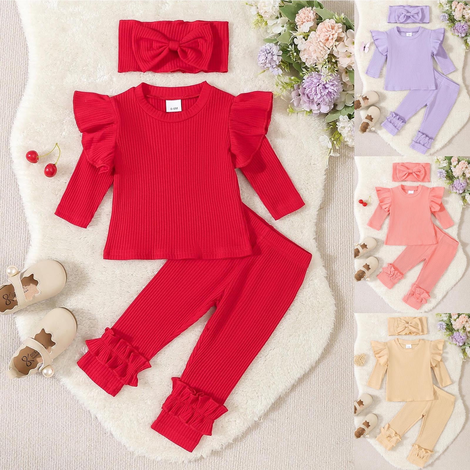 abtuhar Newborn Girl Outfits,Toddler Outfits,Toddler Kids Girl's 3pc Rib Frill Long Sleeve ...