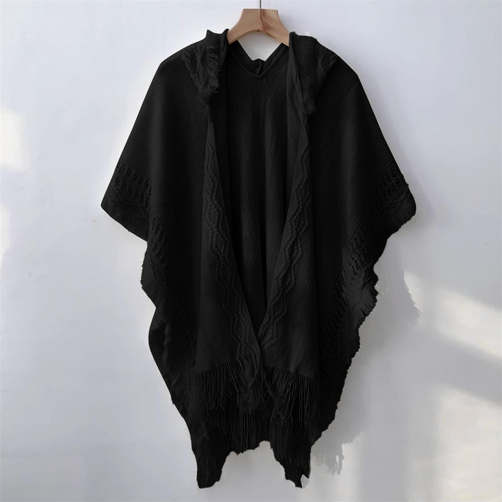 acuever Ladies' Hoodedwith Fringed Knitting Patterns for Women Black ...
