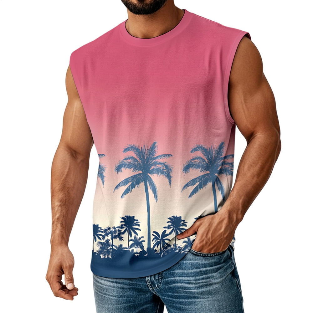 adaychics Beach Tank Tops for Men Palm Tree Round Neck Sleeveless ...