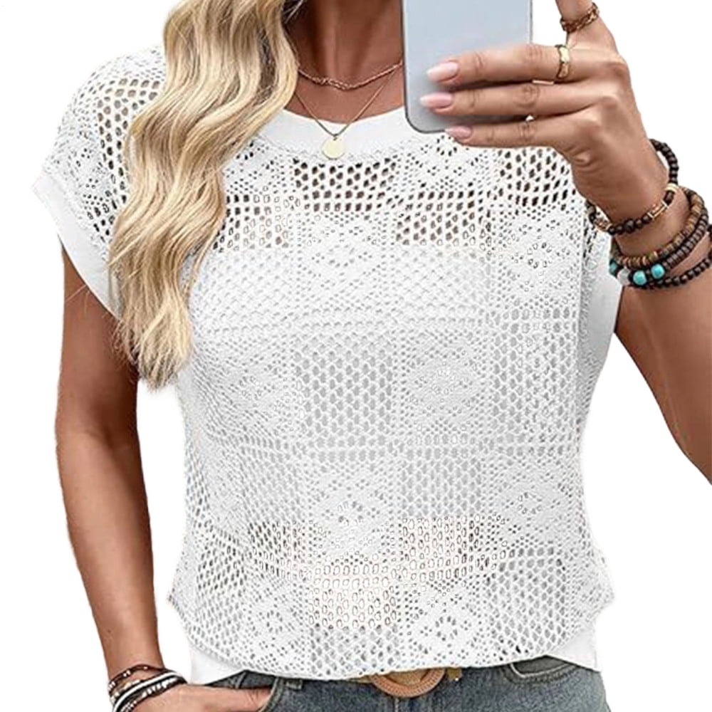 adaychics Crochet Top Cap Sleeve Trendy Summer Shirts Hollow Out ...