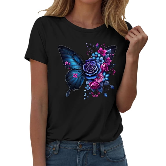 adaychics Floral T Shirts for Women Butterfly Print Short Sleeve ...