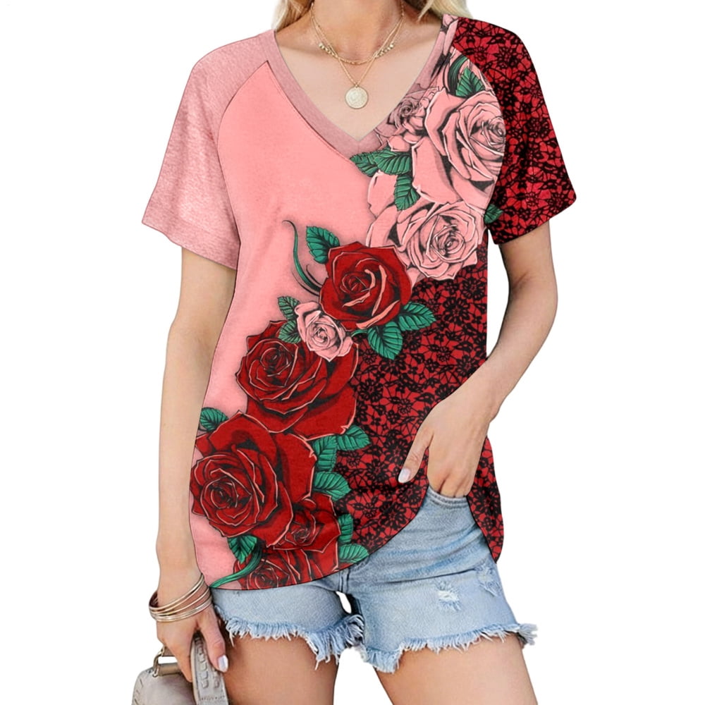 adaychics Flower Graphic Tees for Women V Neck Raglan Short Sleeve ...
