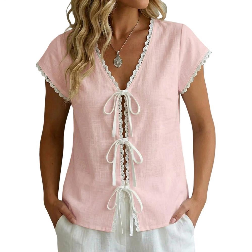 adaychics Front Tie Blouse for Women Lace Trim V Neck Tie Front Tops ...
