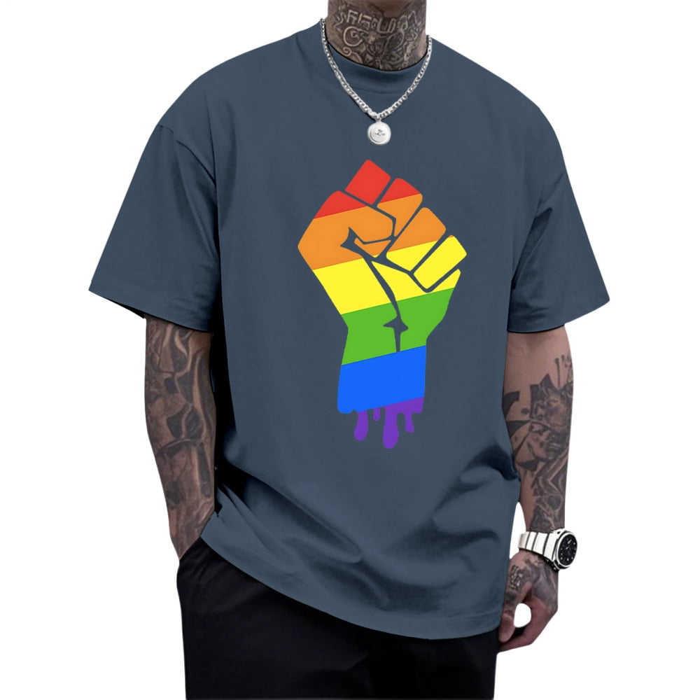 adaychics LGBT Pride T Shirts Rainbow Fist Men Crewneck Short Sleeve ...